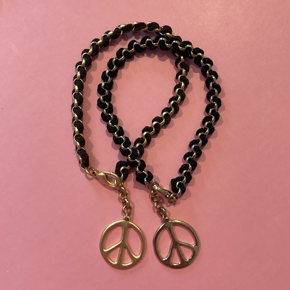 Jewelry | 2 Black And Gold Leather Peace Sign Bracelets | Poshmark